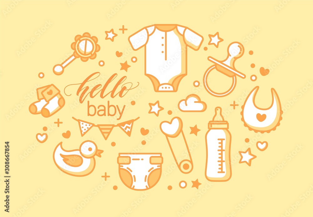Baby Shower Collection Icons. Baby Arrival Cartoon Vector Illustration ...
