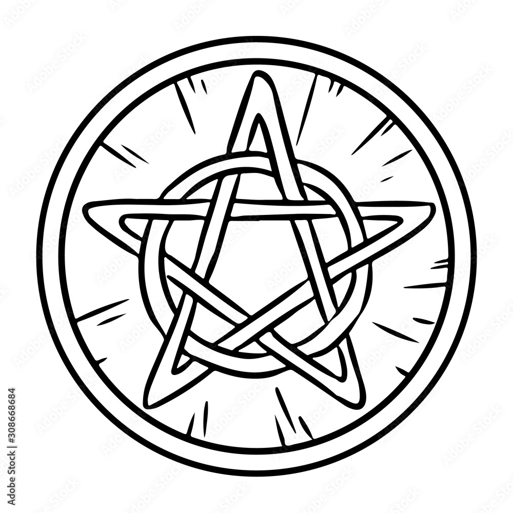 Pentacle occult sign in a circle. Wooden pentagram hand drawn magic ...