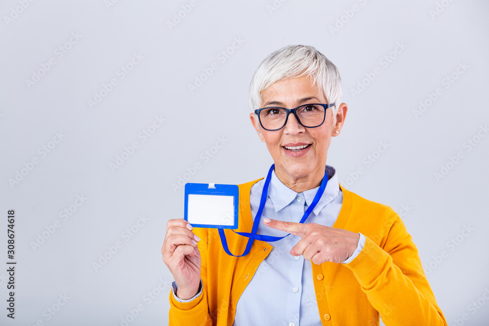 Woman wear blank vertical ID badge mockup, stand isolated. Name tag on ...