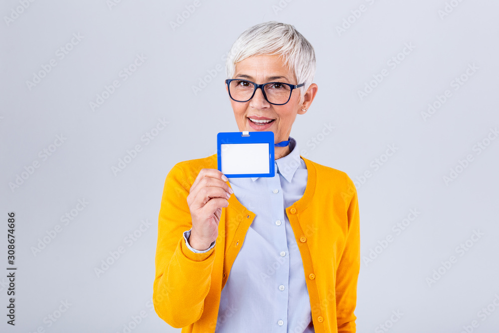 Woman wear blank vertical ID badge mockup, stand isolated. Name tag on ...