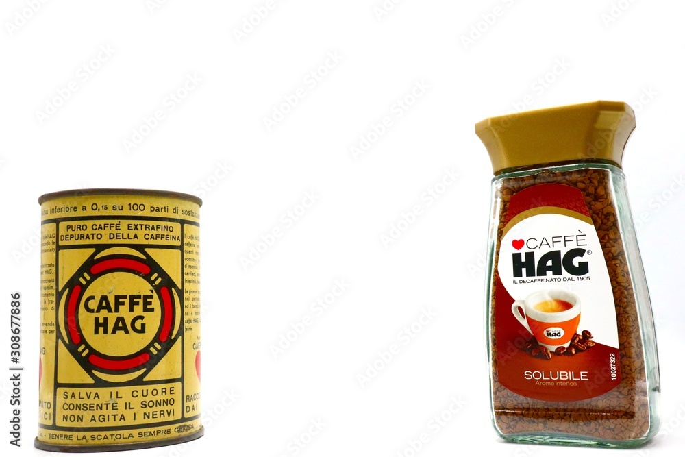 Italy – August 19, 2019: HAG Coffee Vintage Tin Can and current Jar ...