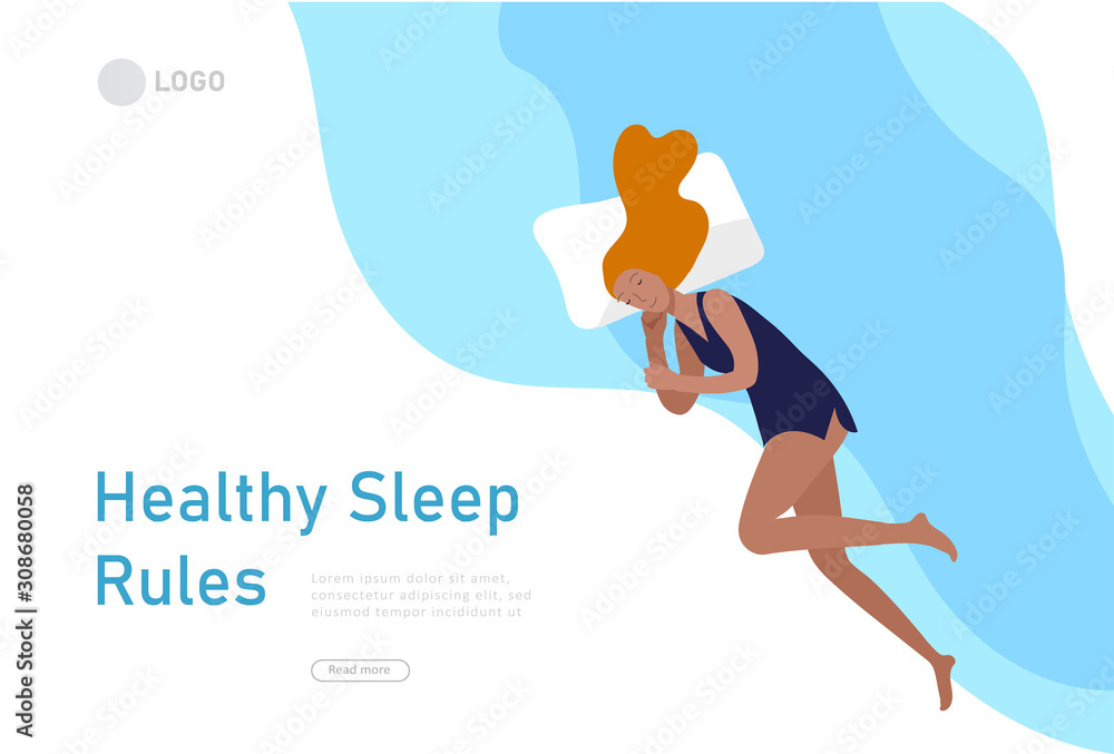 Sleeping character girl landing page template. The woman sleeps in bed ...