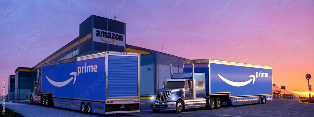Foto de trucks with a semi-trailer with the Amazon Prime logo at the ...