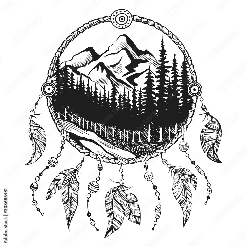 Black and white illustration of indian tribal dream catcher and forest ...