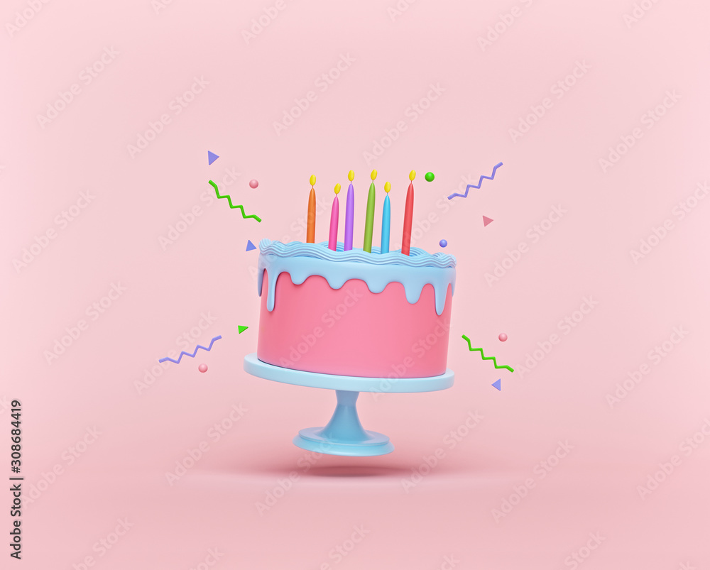 cartoon style Flying Birthday cake with candles isolated on pastel ...