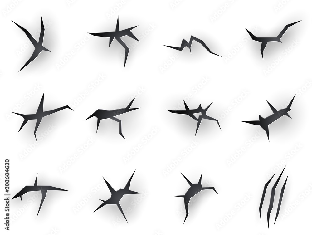 Cracks torn with claw scratches, vector realistic icons on white paper ...