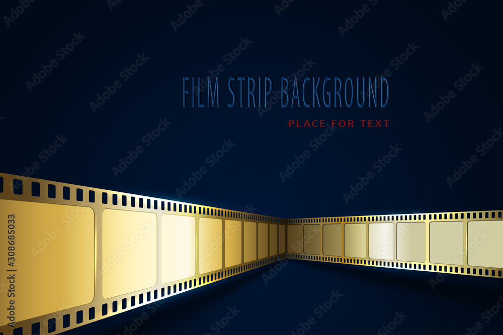 Realistic 3D gold cinema film strip isolated on blue background ...