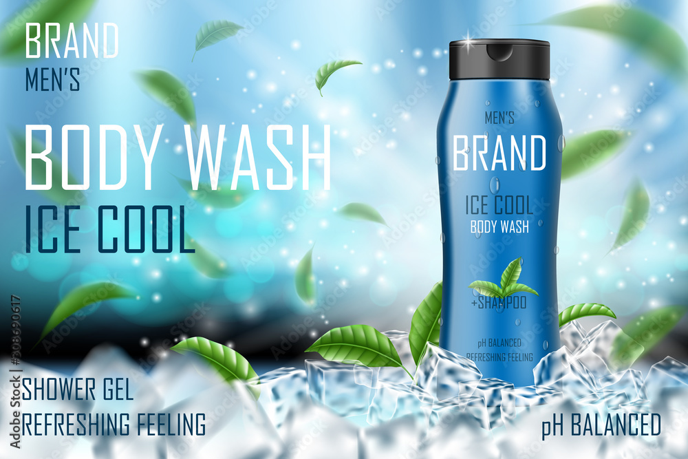 Refreshing men s body wash gel with mint leaves and ice cubes elements ...