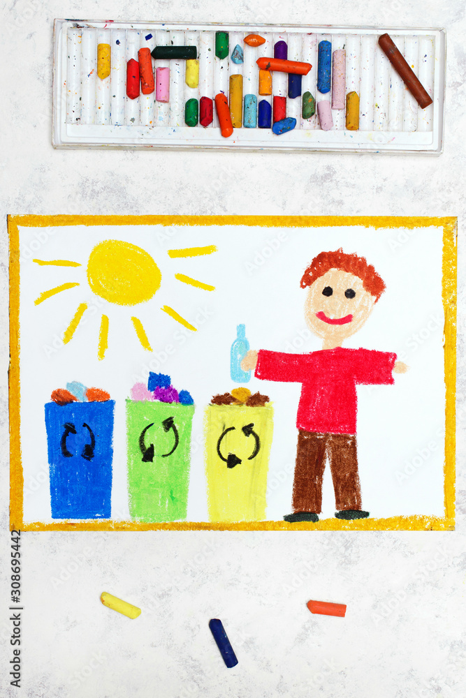 Photo of colorful drawing: Waste separation. Smiling boy segregating ...