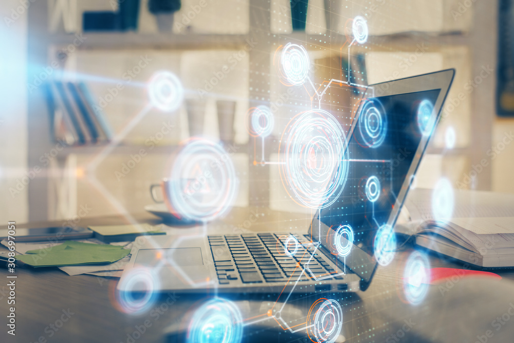 Double exposure of computer and technology theme drawing. Concept of ...