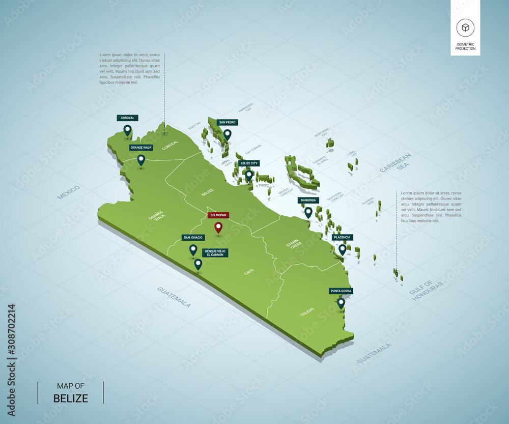 Stylized map of Belize. Isometric 3D green map with cities, borders ...