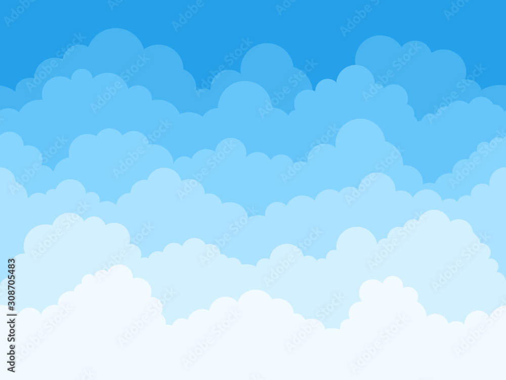 Cartoon sky clouds background. Fluffy clouds in blue sky, cloudscape ...