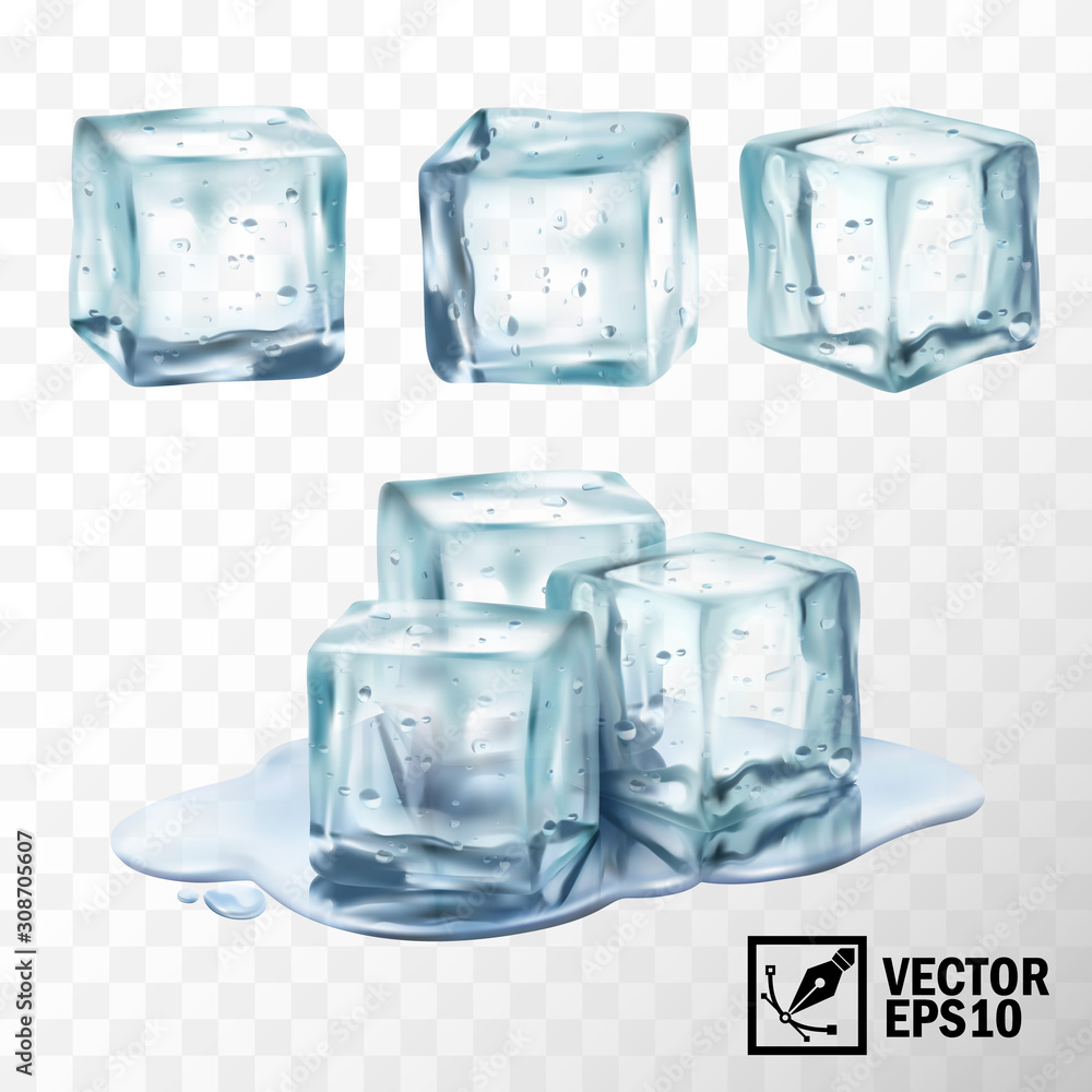 3d realistic vector transparent ice cubes in different forms, melting ...