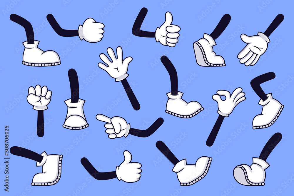 Cartoon legs and hands. Comic character gloved arm and feet in boots ...