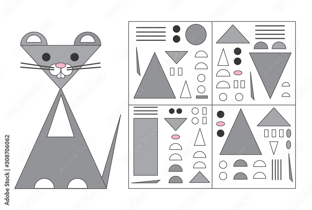 Educational game for kids. Geometrical figure gray mouse. Find the ...