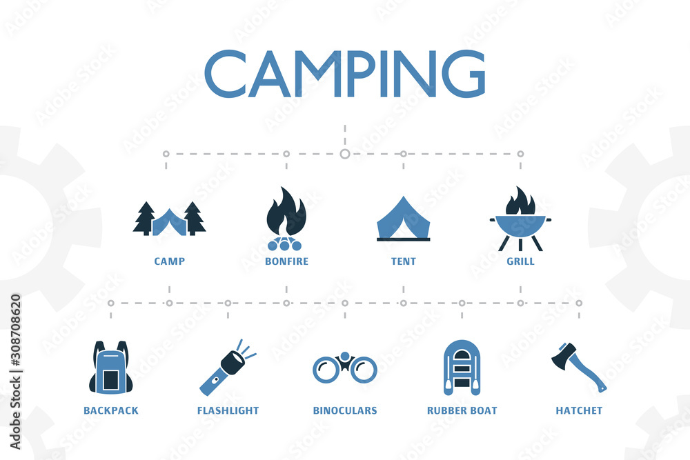 horizontal 2 colored Camping concept template with simple icons ...