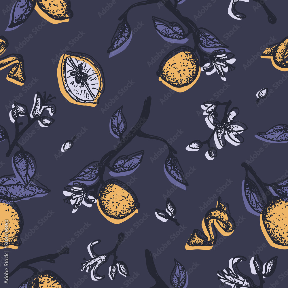 Lemon and raspberry hand drawn seamless pattern. Fruit and leaf sketch ...
