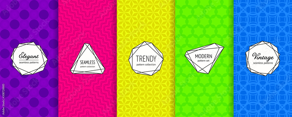 Geometric seamless patterns collection. Vector set of bright colorful ...