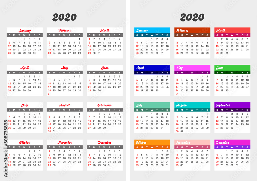 Colorful year 2020 Calendar set, week starts on Sunday basic grid ...