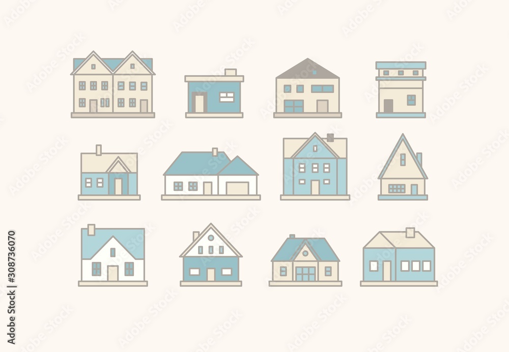 Real estate. Different buildings. Minimalistic icons, logos. Colored ...