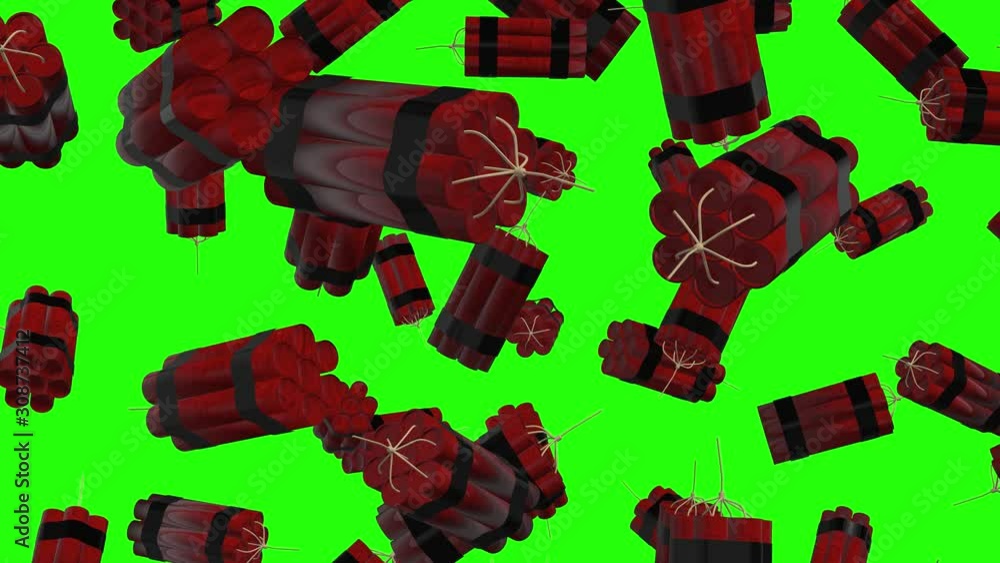 Rain of 3d red dynamite packs, TNT sticks falling on green screen ...