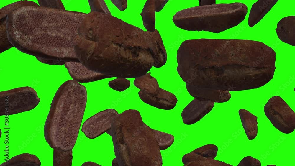 Rain of 3d fresh rustic wholemeal rye breads falling on green screen ...