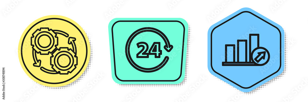 Set line Gear and arrows as workflow process concept, Clock 24 hours ...