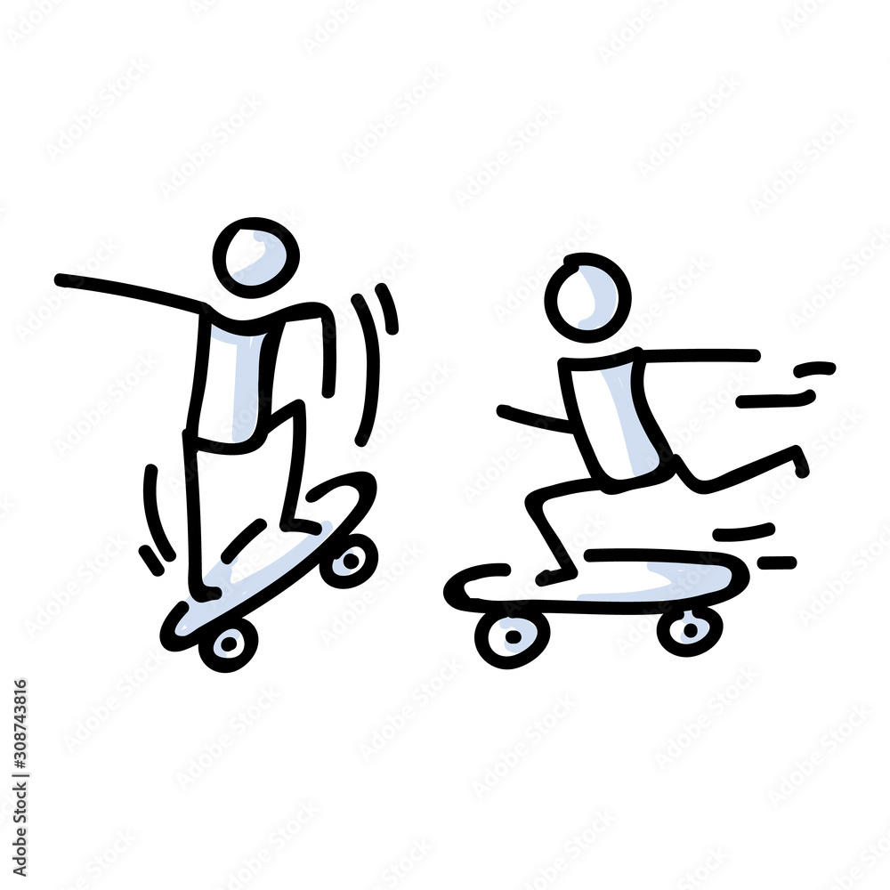 Hand Drawn Two Stick Figure Riders on Skateboard. Concept of Stunt ...