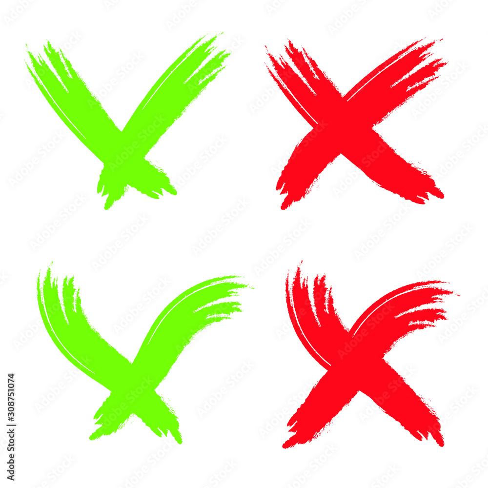 Artistic brush stroke Check marks button icon set. Tick, yes, no, ok ...