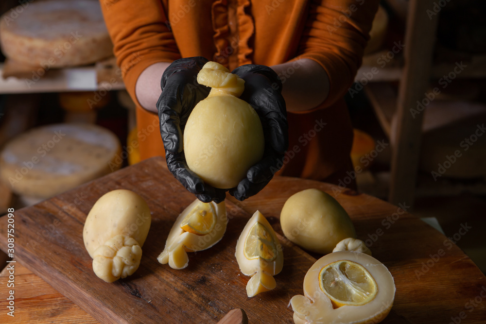 woman hands holding cheese. artisan and cheese, cheese factory. Stock ...