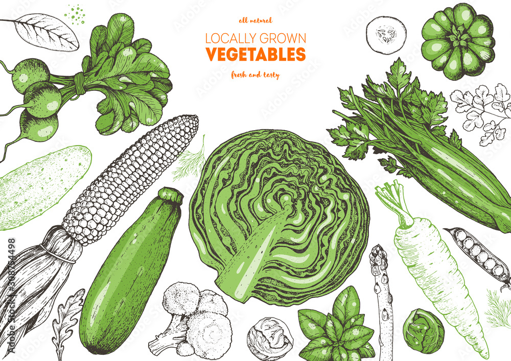 Vegetables top view frame. Farmers market menu design template. Organic ...