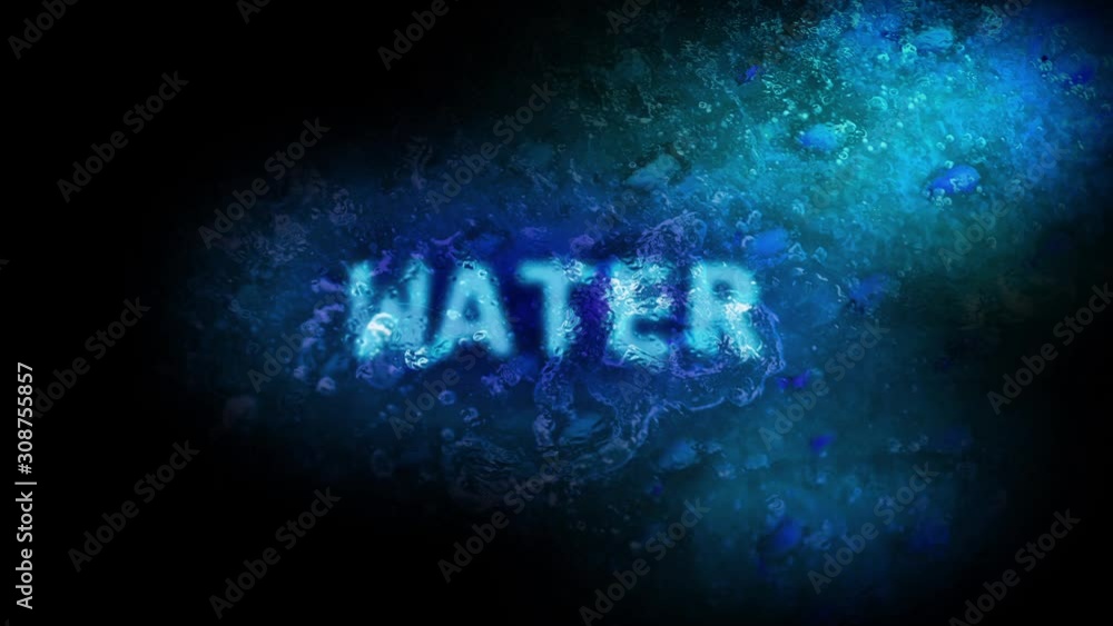 Water text on deep blue ocean background. Underwater background with ...