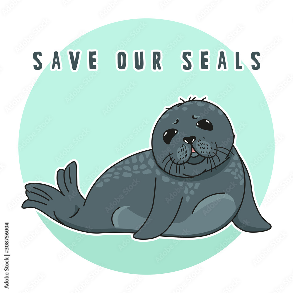 cute ringed seal, save our seals slogan, isolated adult nerpa sticker ...