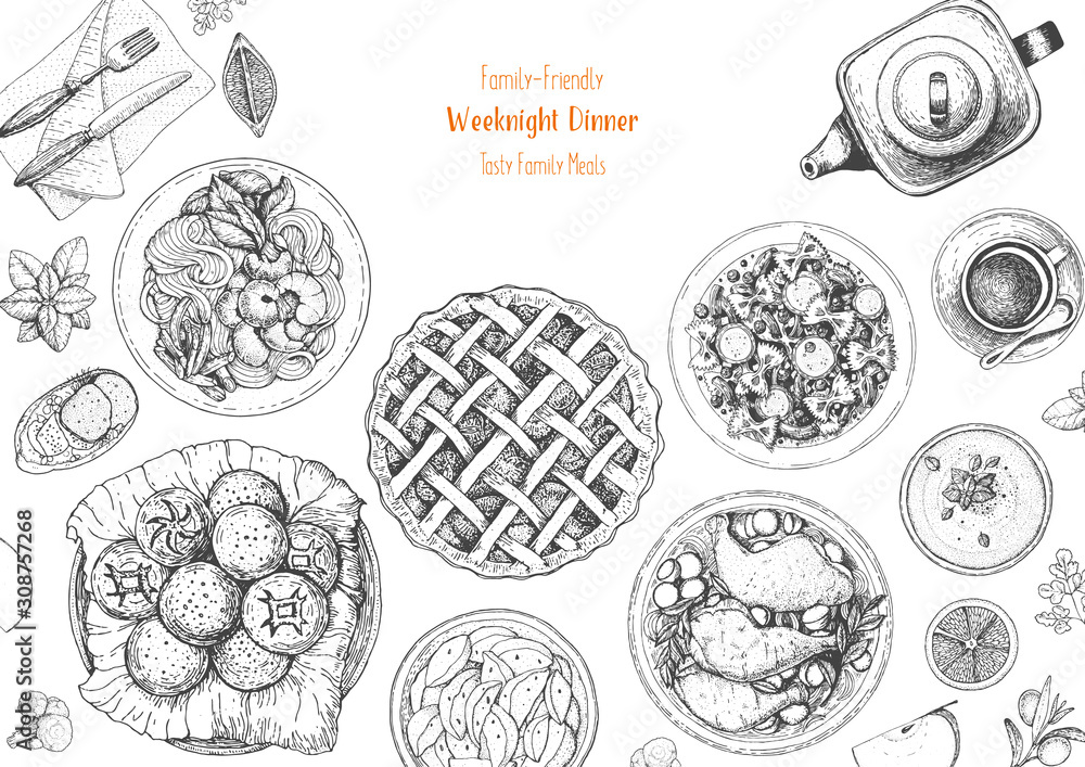 Family dinner top view, vector illustration. Friendly dinner table ...