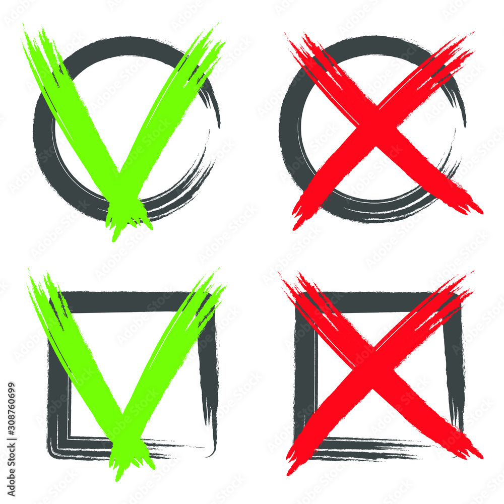 Artistic brush stroke Check marks button icon set. Tick, yes, no, ok ...