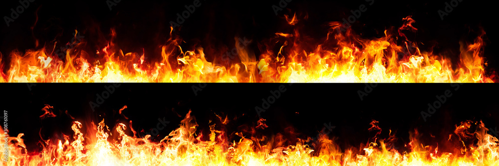 Set of Panorama Fire flames on black background. Stock Photo | Adobe Stock