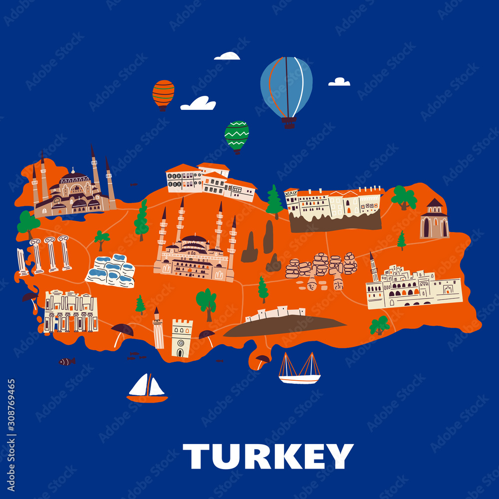 Stylized illustrated map of Turkey. Vector design in handdrawn style ...