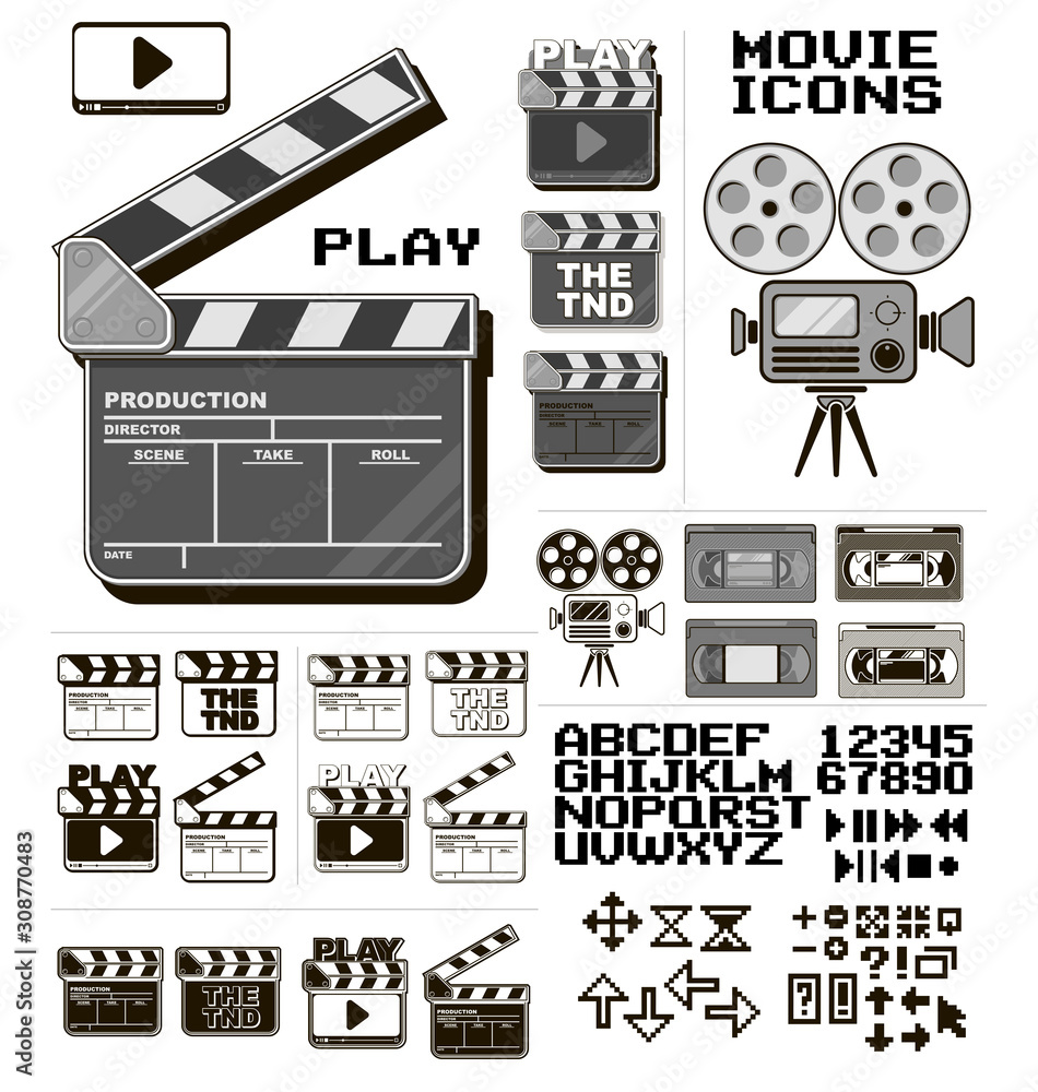 Graphic black and white cinema items, fonts and numbers. Movie clapper ...