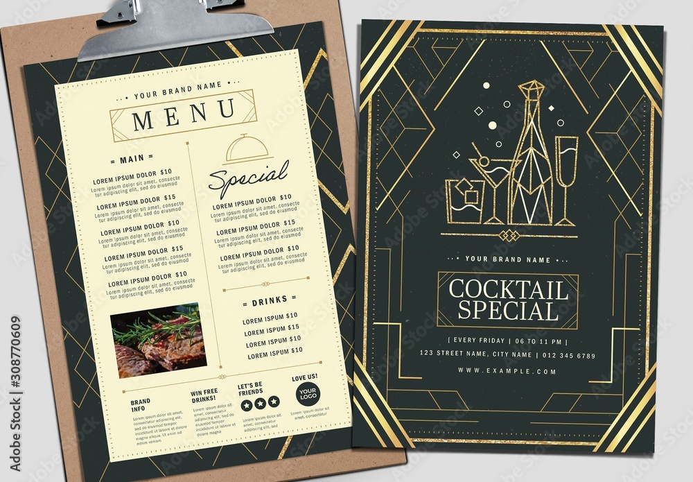Art Deco Menu Layout in Gold and Black plantilla de Stock | Adobe Stock