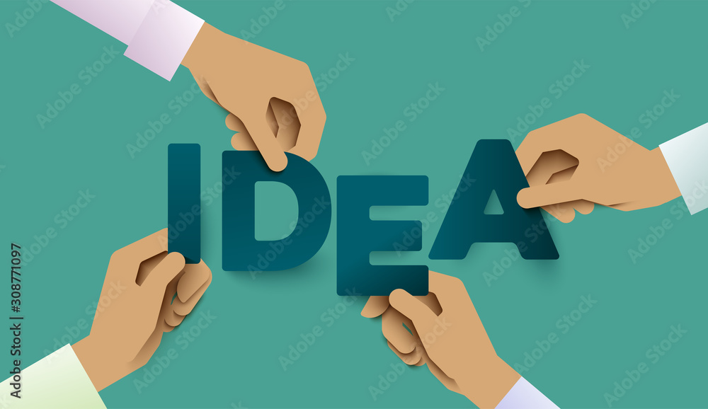 Human hands holding IDEA letters. Symbol of working together ...
