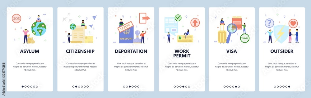 Mobile app onboarding screens. Immigration and international travel ...