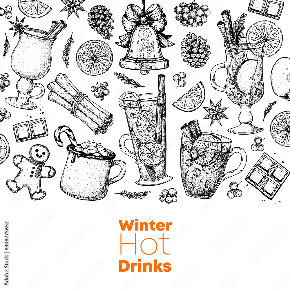 Hot drinks. Mulled wine, winter hot drink. Hand drawn sketch. Vector ...