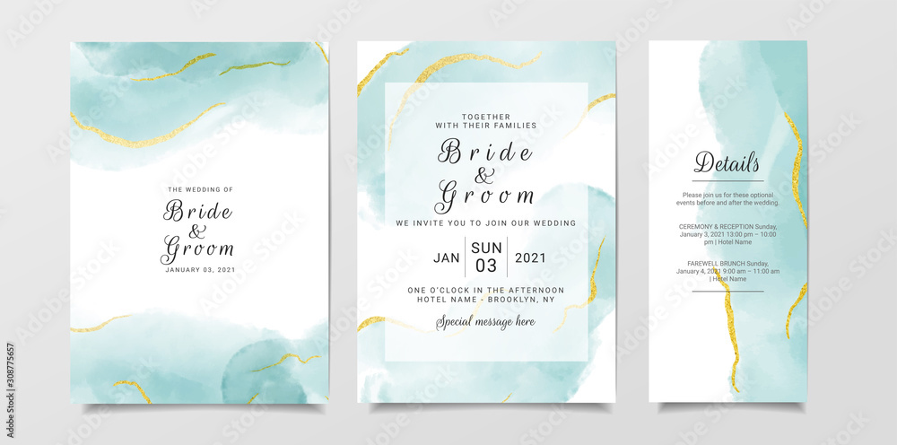 Blue watercolor wedding invitation card template set with gold glitter ...