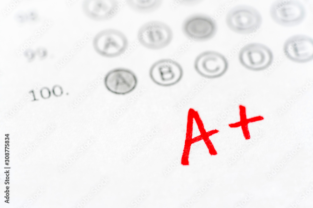 Red A plus grade and exam sheet. Excellent, perfect results students on ...