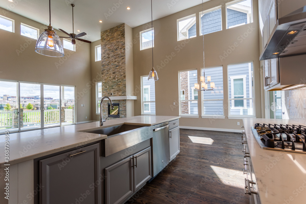 Great room with clerestory, high ceiling, window-wall, and sliding ...