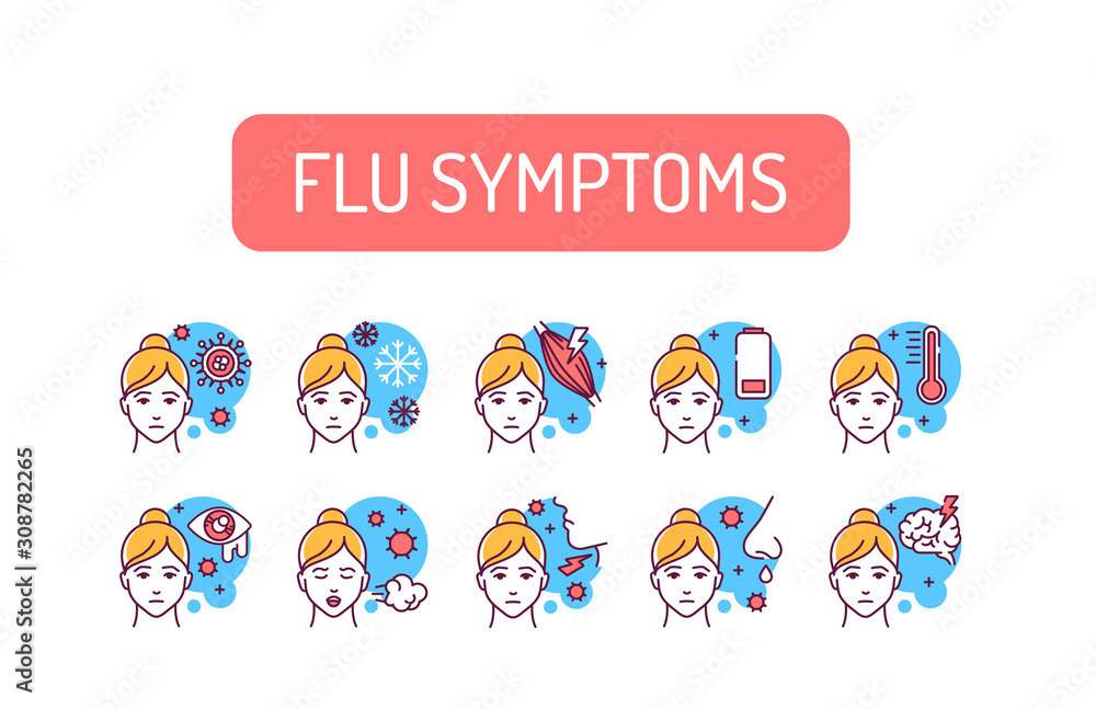 Flu symptoms color line icons set. Viral diseases, colds. Pictograms ...