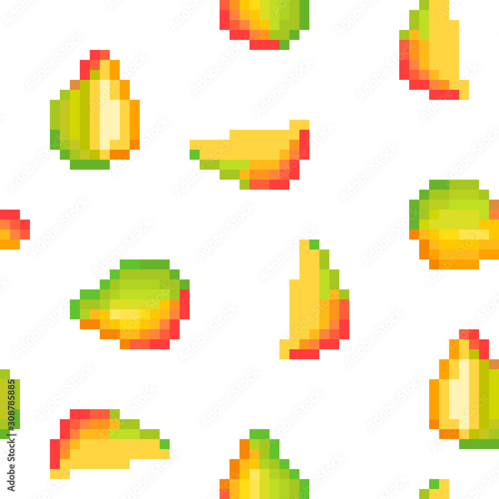 Seamless pattern with 8 bit pixel art mango (uncut, cut in half, sliced ...