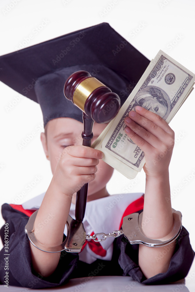 Humorous photo of corrupt child girl judge holding money in handcuffs ...