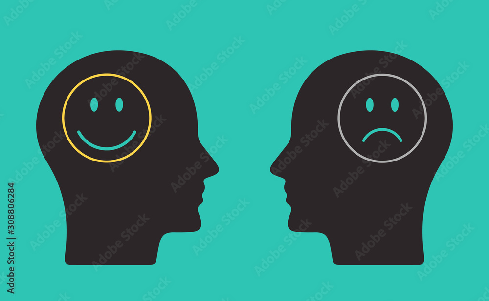 Vetor de Two human heads with opposite thinking. The concept of chaos and order in thoughts ...