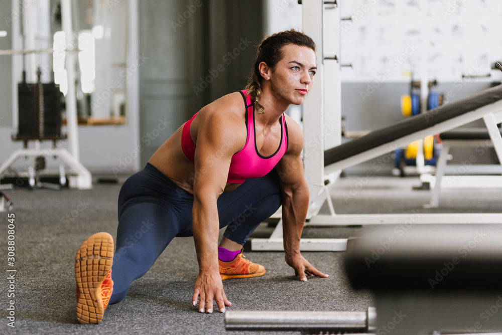 Female bodybuilder in the gym is warming up. Sprot is a concept of a ...